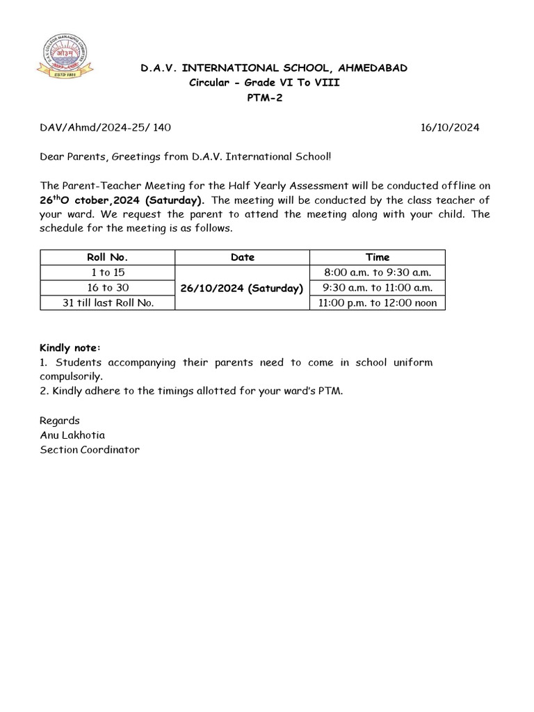 Grade VI To VIII PTM - 2 Circular | PDF