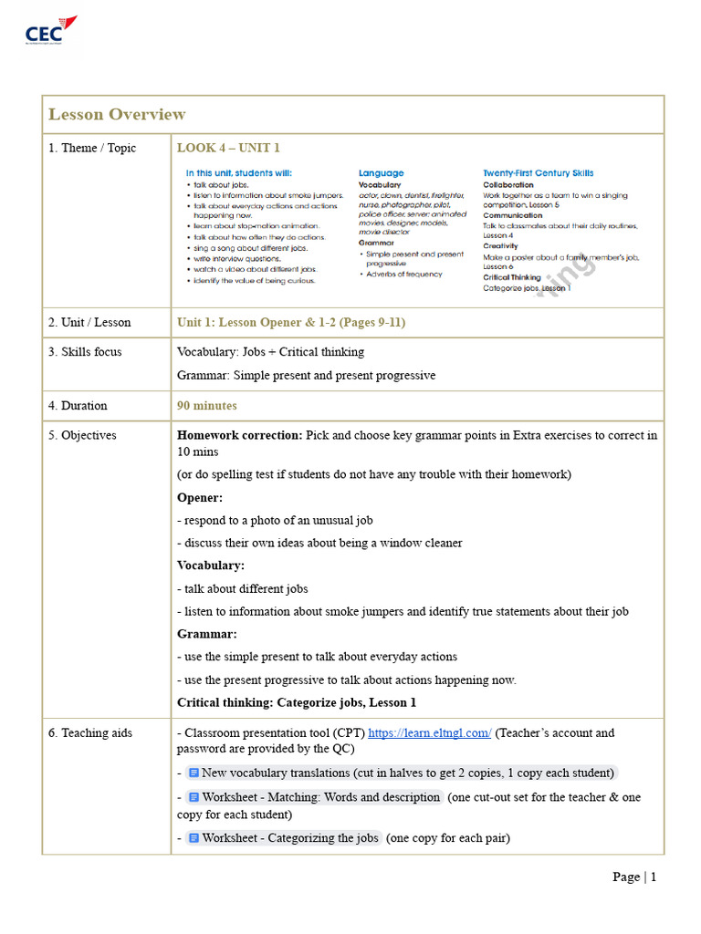Look 4 - Unit 1 Lesson 1&2 - Teacher Guides | PDF | Vocabulary | Worksheet