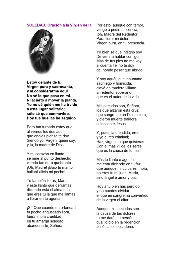 SOLEDAD Oración a la Virgen de la | PDF | Pecado | María, madre de Jesús