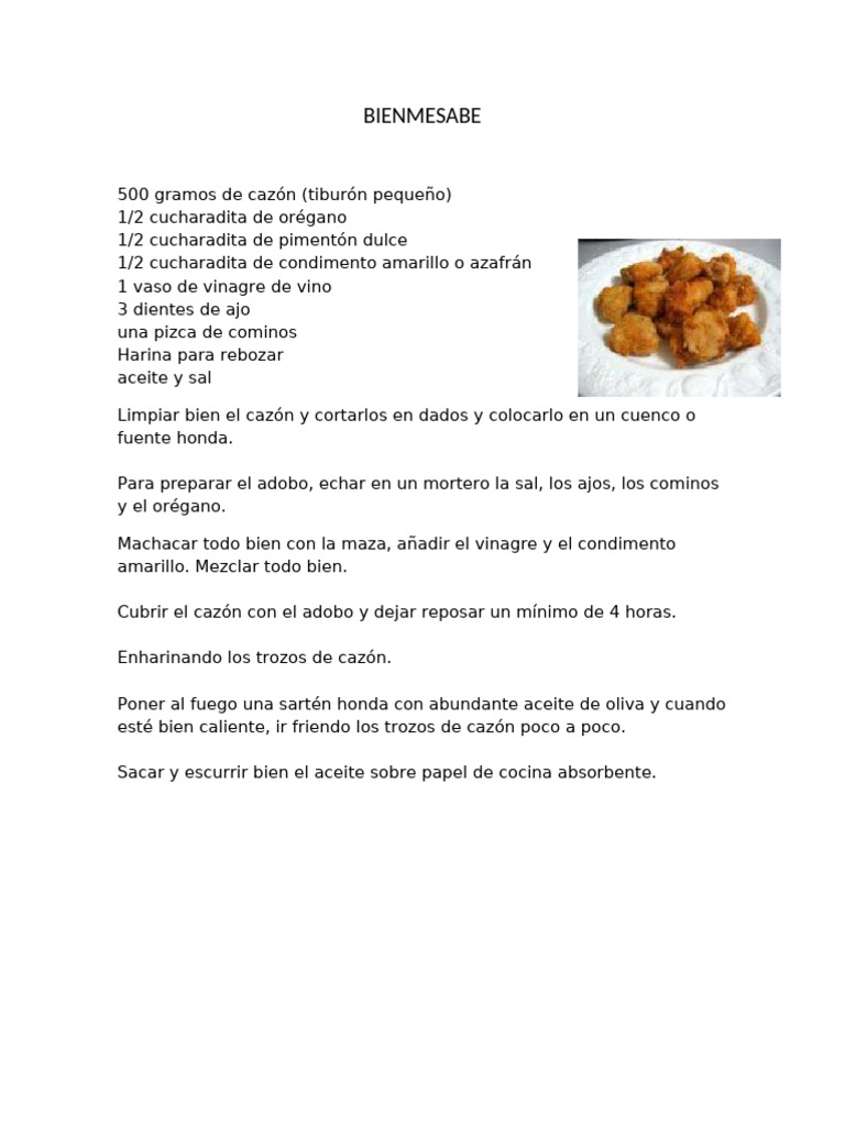 Receta de Bienmesabe: Cazón Adobado Frito | PDF