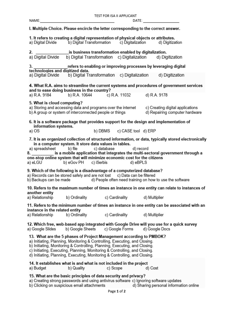 ISAII Applicant Exam Questionnaire Set B | PDF | Databases | Computing