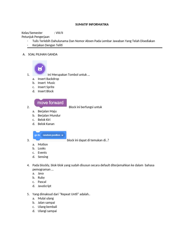 Soal Pemrograman Kelas VIII: Blockly dan Scratch | PDF | Metode & Bahan ...