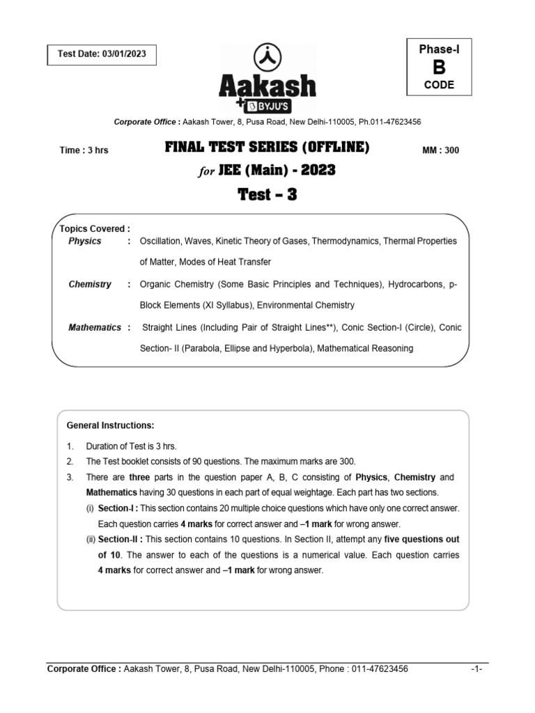 FTS - Test-3 - (Code-B) - JEE (Main) - 2023 (03-01-2023) Que. | PDF ...