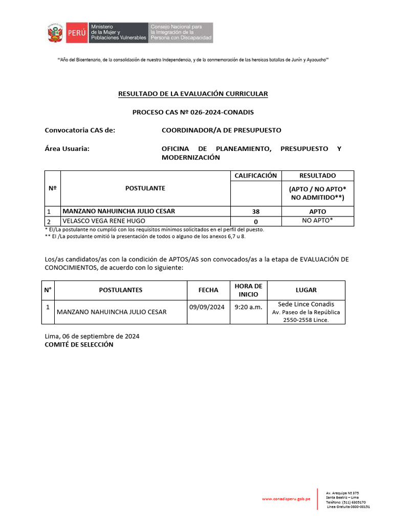 Evaluación Curricular CAS 026-2024 | PDF