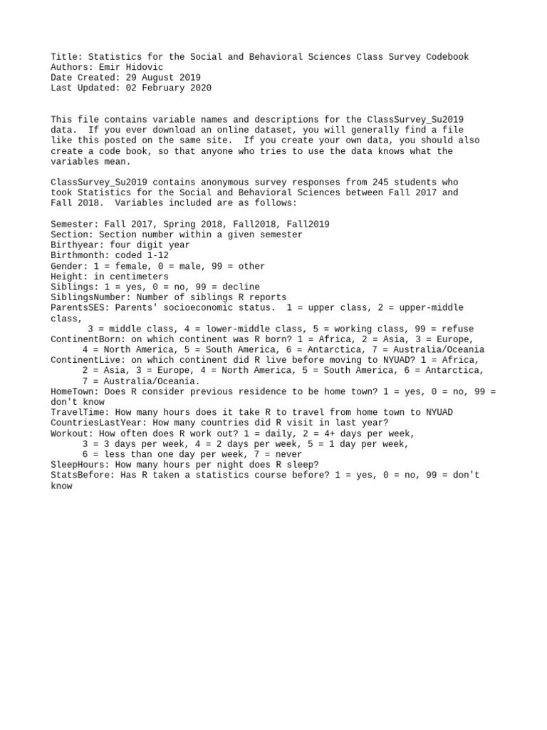 CODEBOOK For ClassSurvey Fall2024 | PDF | Social Science