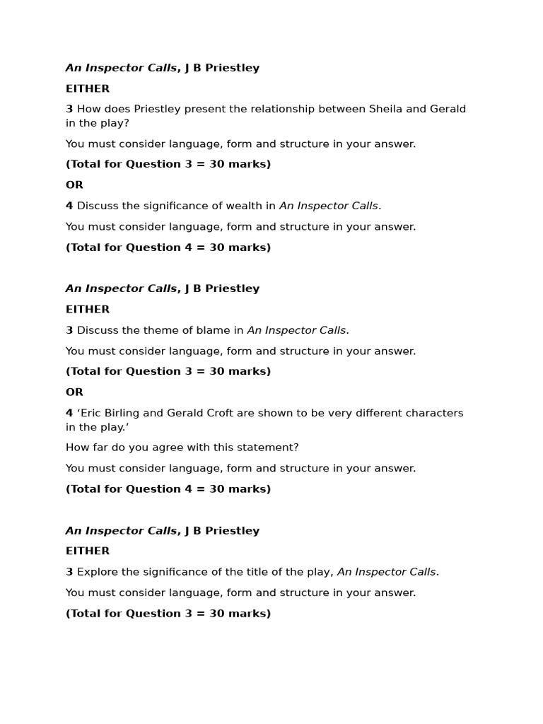 An Inspector Calls Exam Questions | PDF | Foreign Language Studies