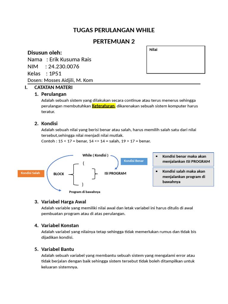 LAPORAN TUGAS PERTEMUAN 2 - Perulangan | PDF