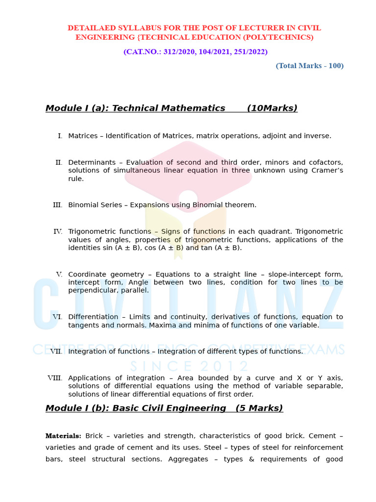 Lecturer in Polytechnic Civil Engg KPSC Syllabus | PDF | Young's ...