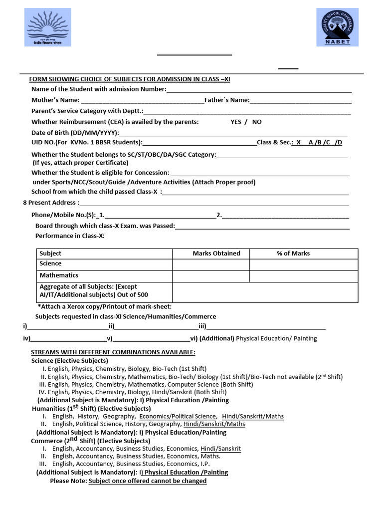 Option Form Class-XI 2022 | PDF
