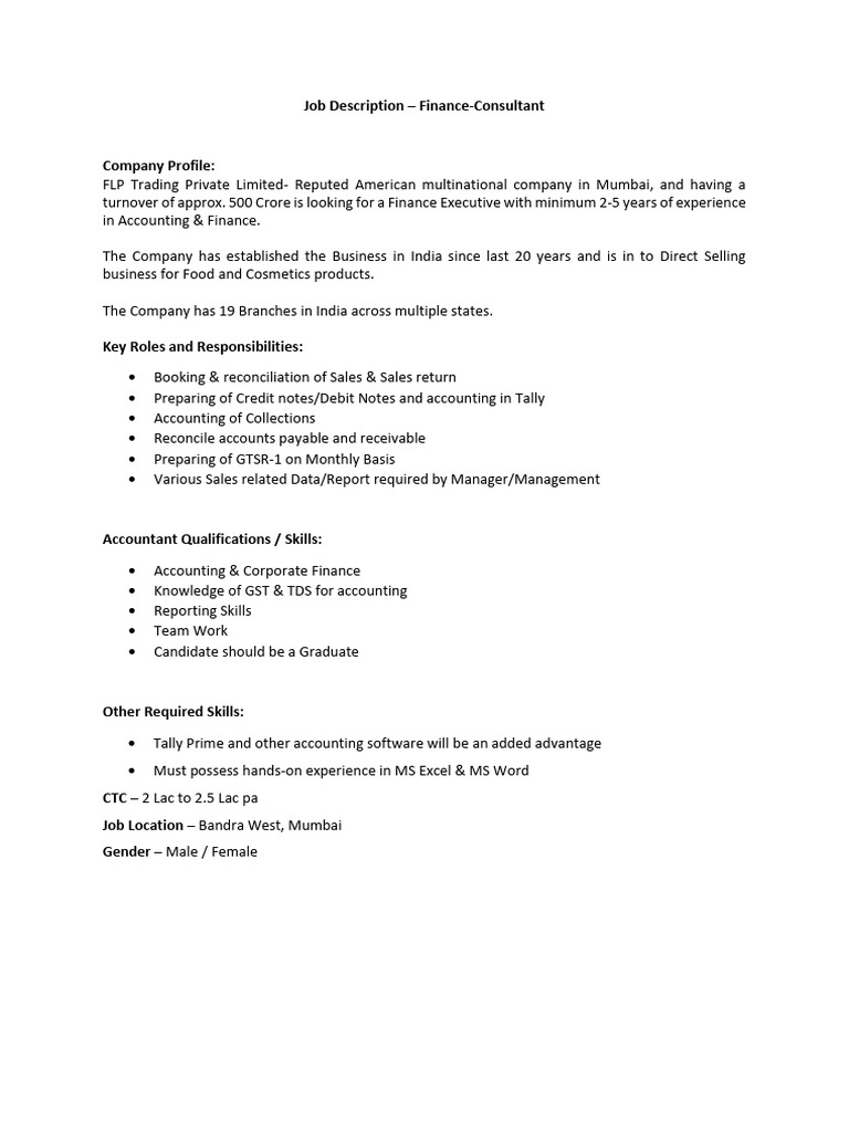 Finance Consultant Job Description | PDF | Finance & Money Management