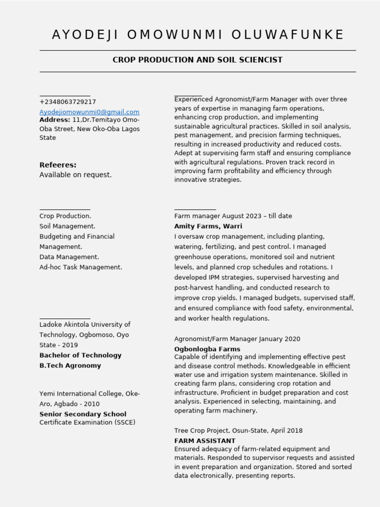 Omowunmi Cv Agronomist | PDF | Agriculture | Agronomy