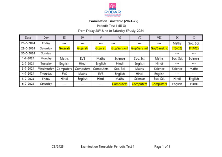 Periodic Test 1 Timetable 2024-25 | PDF