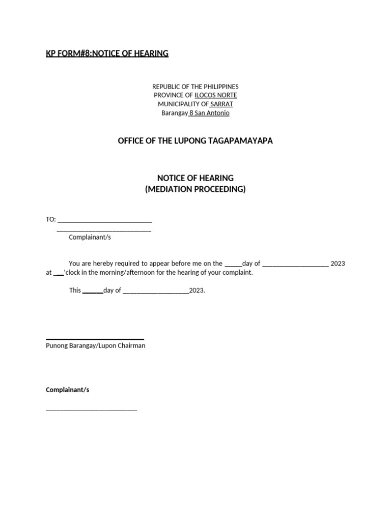 KP Form No. 8 Notice of Hearing | PDF