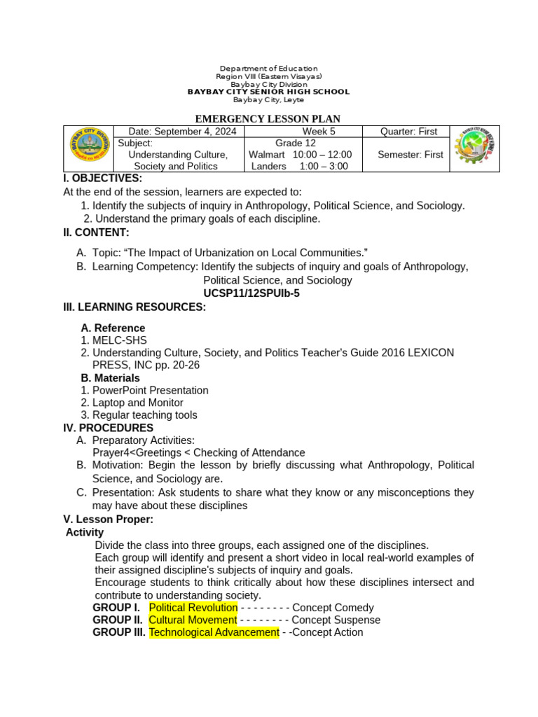 Emergency Lesson Plan Ucsp w5 Sept 4 2024 | PDF | Human Communication ...