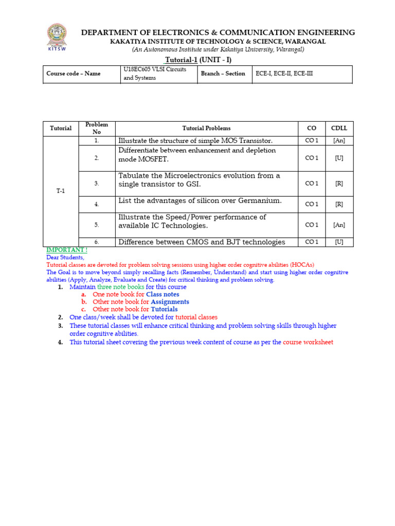 Week-1 Tutorial T1VLSI | PDF | Transistor | Mosfet