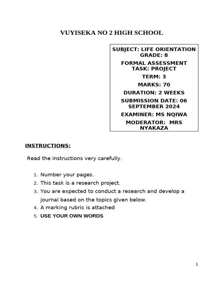 Grade 8 Lo Project 2023-Term 3 Westen Cape | PDF | Decision Making ...