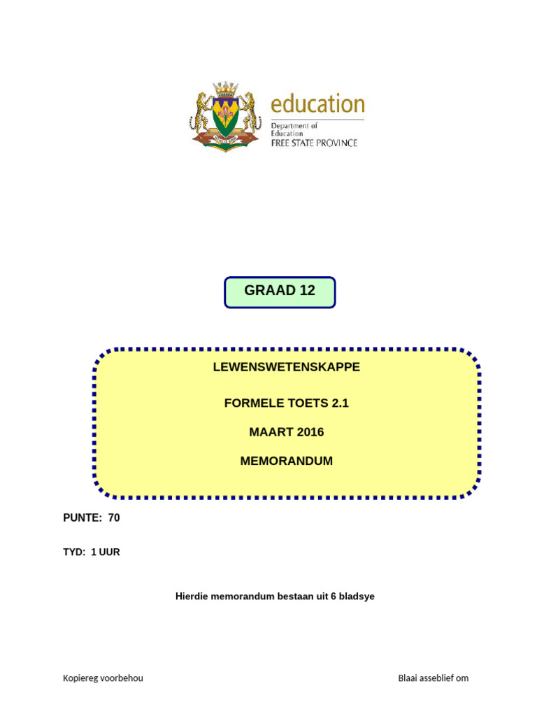 Graad_12_Toets__Maart_2016_MEMO_1709826465 | PDF