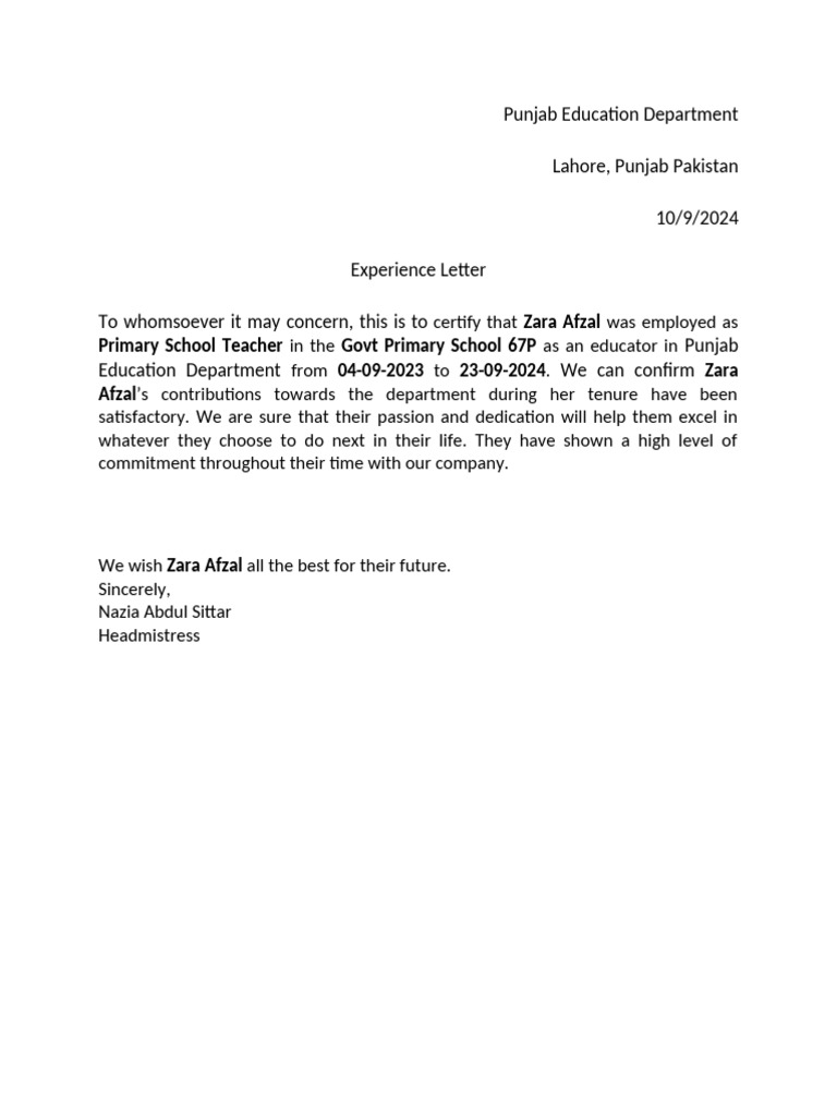 Experience Letter for Zara Afzal | PDF