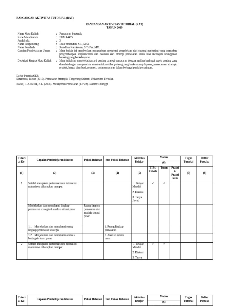 Rancangan Aktivitas Tutorial | PDF