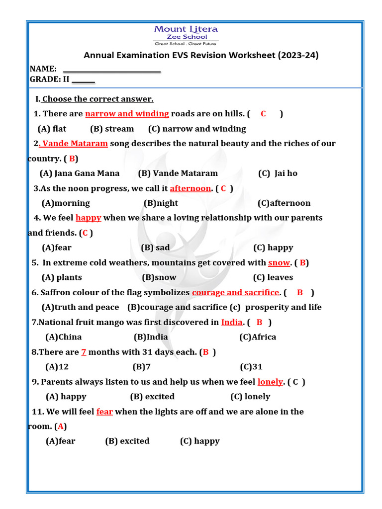 Grade 2 - EVS Annual Revision Worksheet | PDF