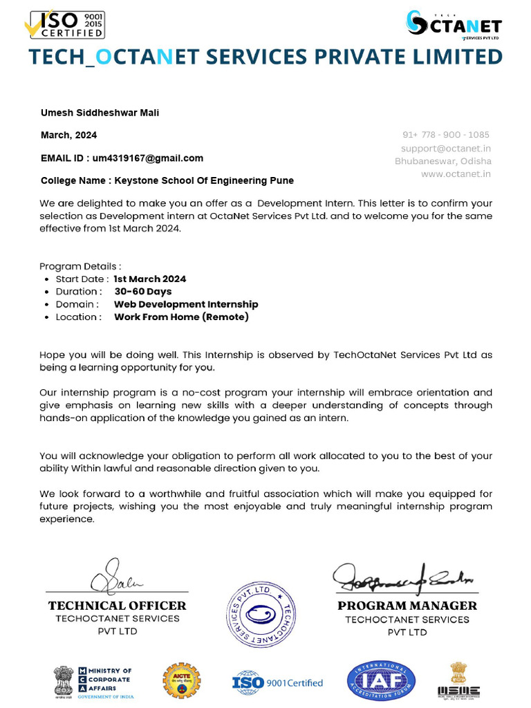 Octanet Offer Letter | PDF