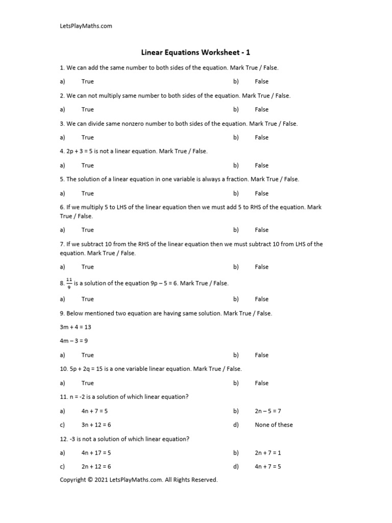 Linear Equations Worksheet-1 | PDF | Equations | Mathematics