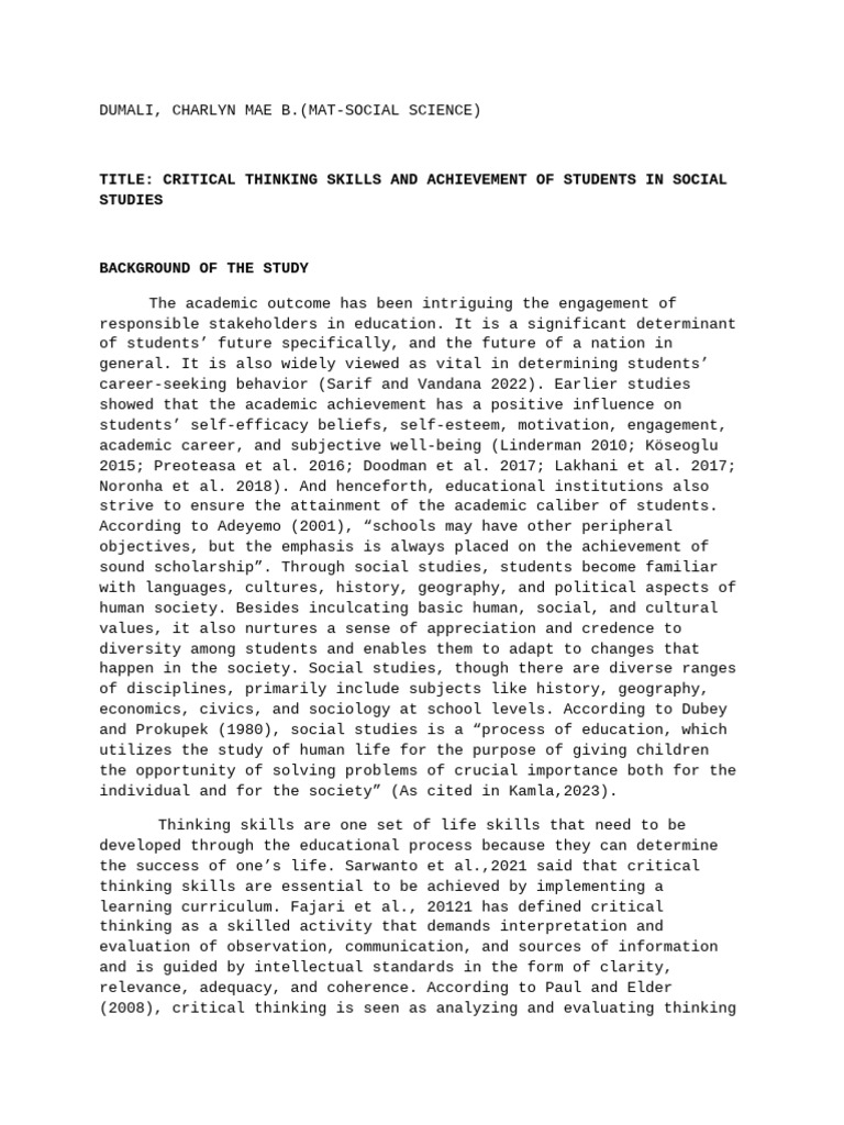 Dumali-Mat Socsci-Chapter1-2 | PDF | Critical Thinking | Thought