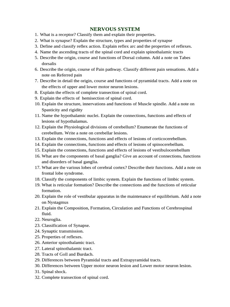 QUESTION BANK Central Nervous System | PDF | Spinal Cord | Cerebellum