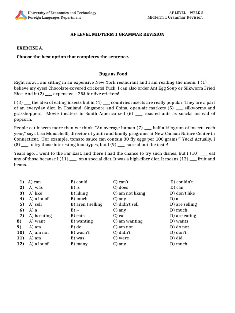 Midterm 1 - Grammar Revision | PDF | Insects | Foods