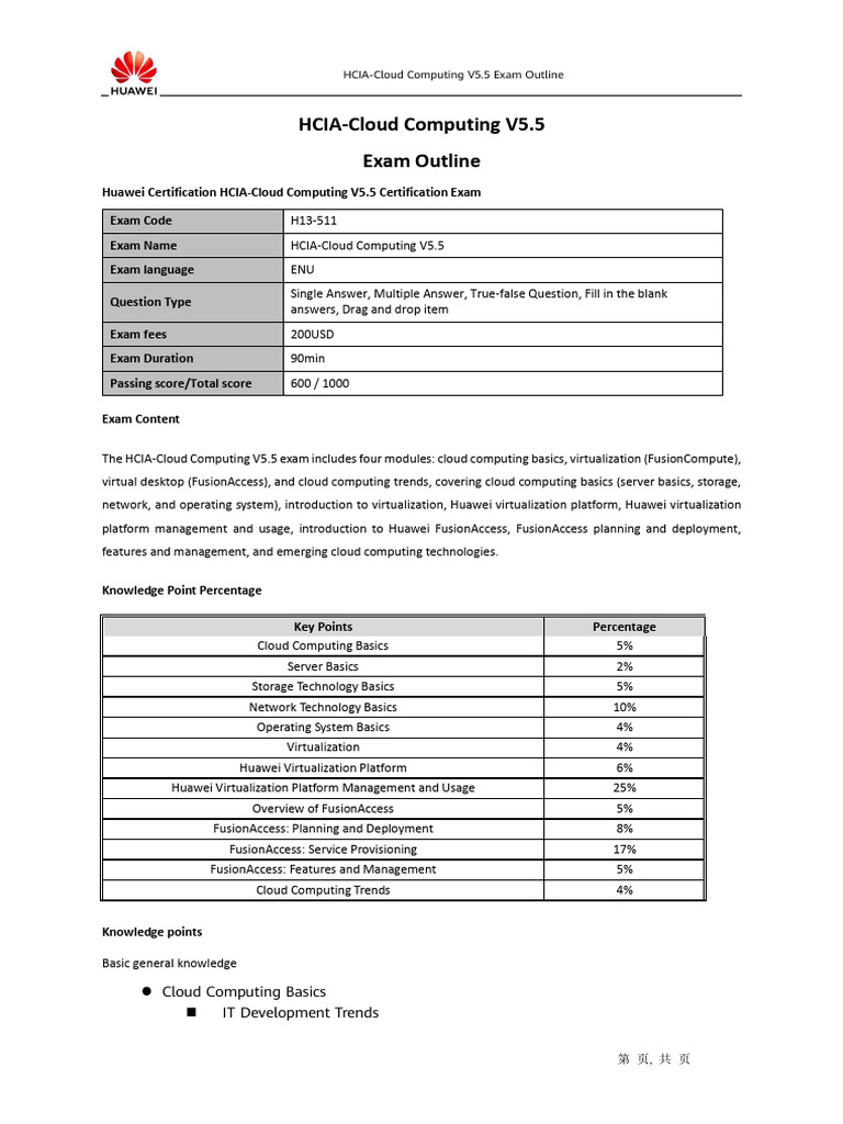 HCIA-Cloud Computing V5.5 Exam Outline | PDF | Virtualization | Cloud Computing