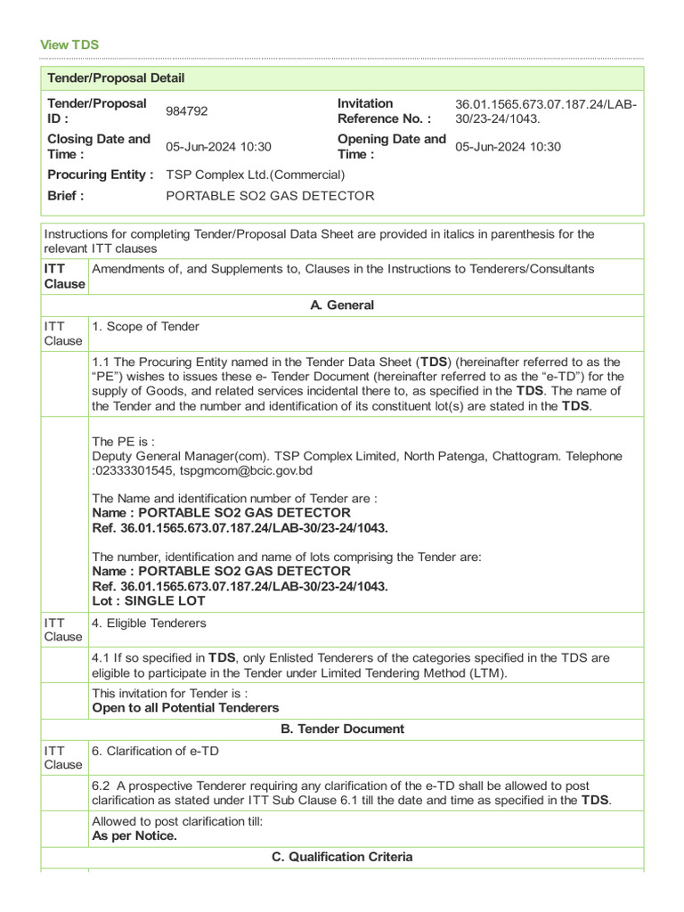 Section2 - Tender Data Sheet (TDS) | PDF | Business | Finance & Money Management