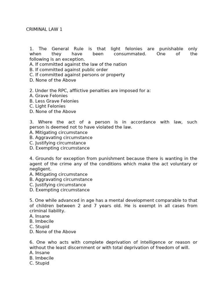 Criminal Law Quiz for Students | PDF | Crimes | Crime & Violence