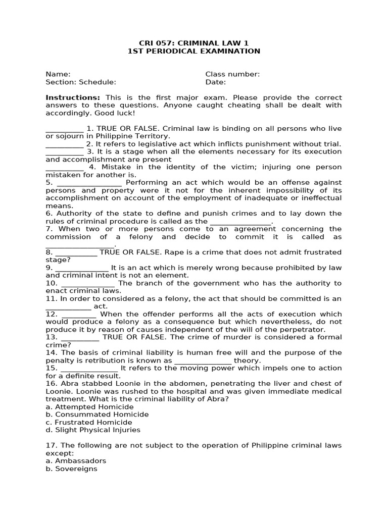 Criminal Law 1 Periodical Exam Guide | PDF | Criminal Law | Crimes