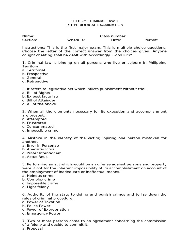 Criminal Law 1 Prelim Exam 1 Without Answer | PDF | Criminal Law | Felony