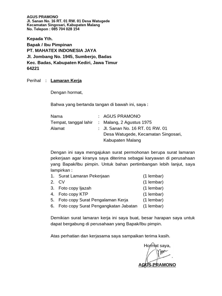 Lamaran Agus Pramono | PDF