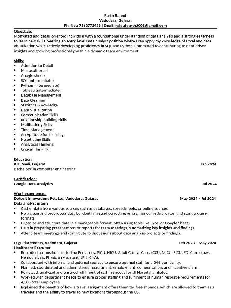 Parth Rajput Aug 2024 - Data Analyst | PDF | Data Analysis | Data