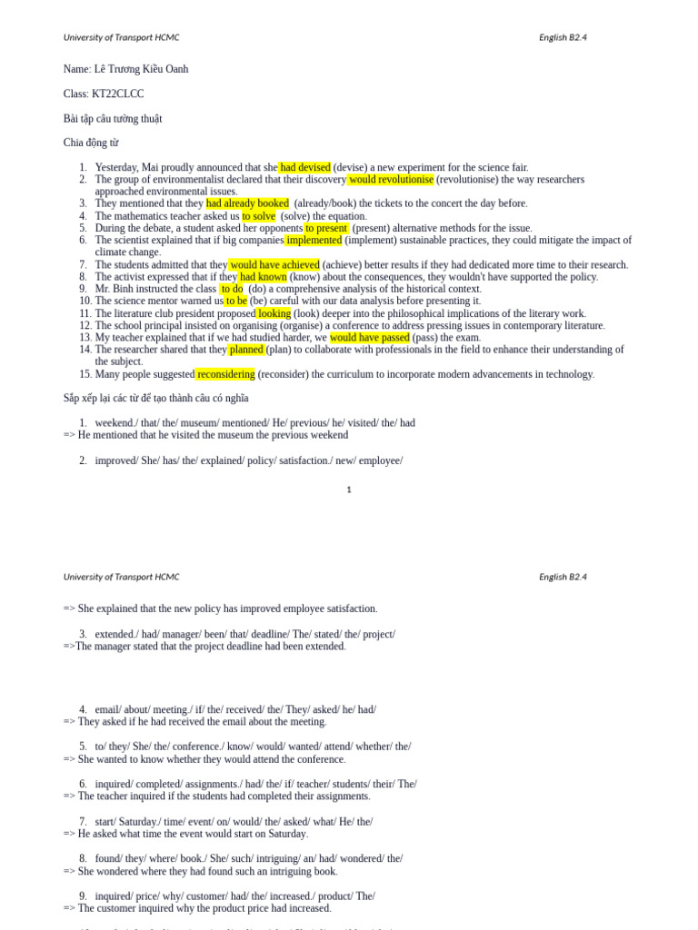 English B2.4 Reported Speech Exercises | PDF | Science
