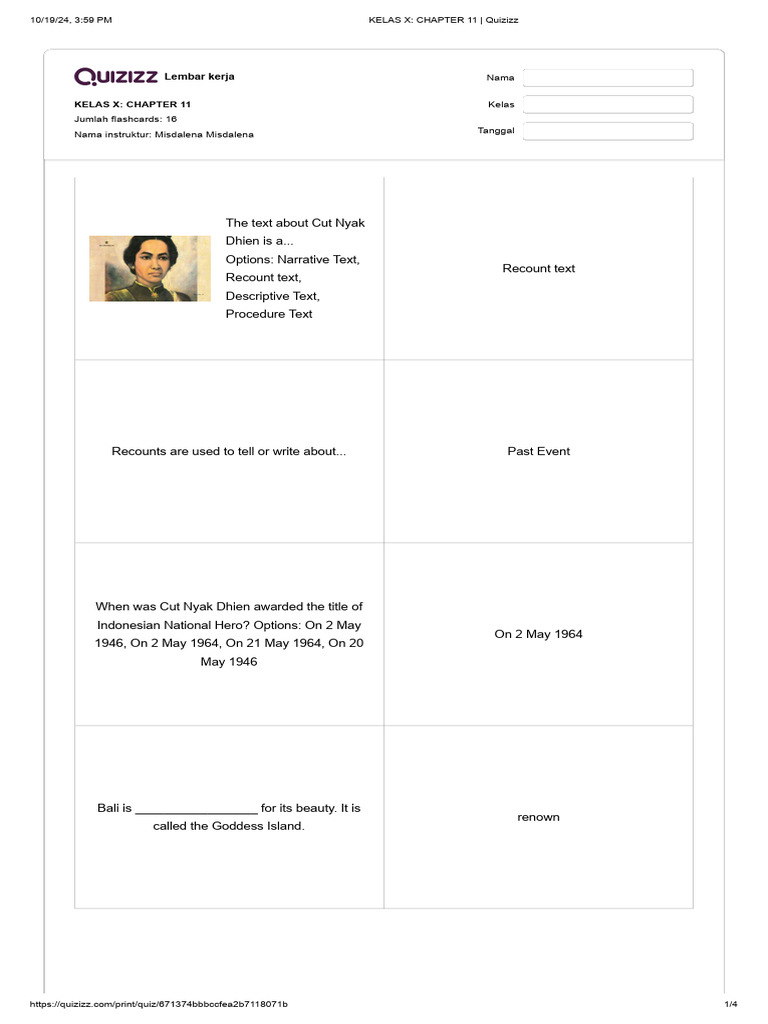 KELAS X - CHAPTER 11 - Quizizz Flash Card | PDF