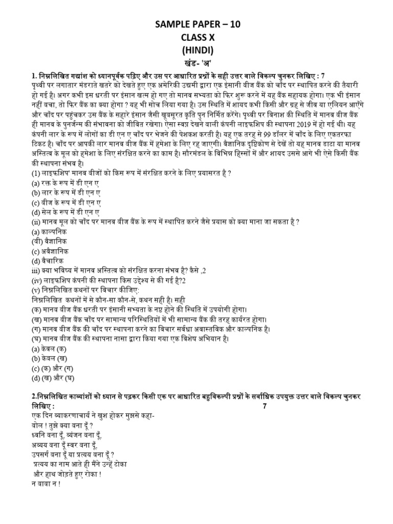 Class X Hindi (SP-10) 19-10-2024 | PDF