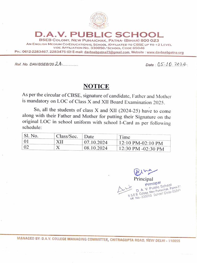 Notice For LOC Signature (Class X and XII) | PDF
