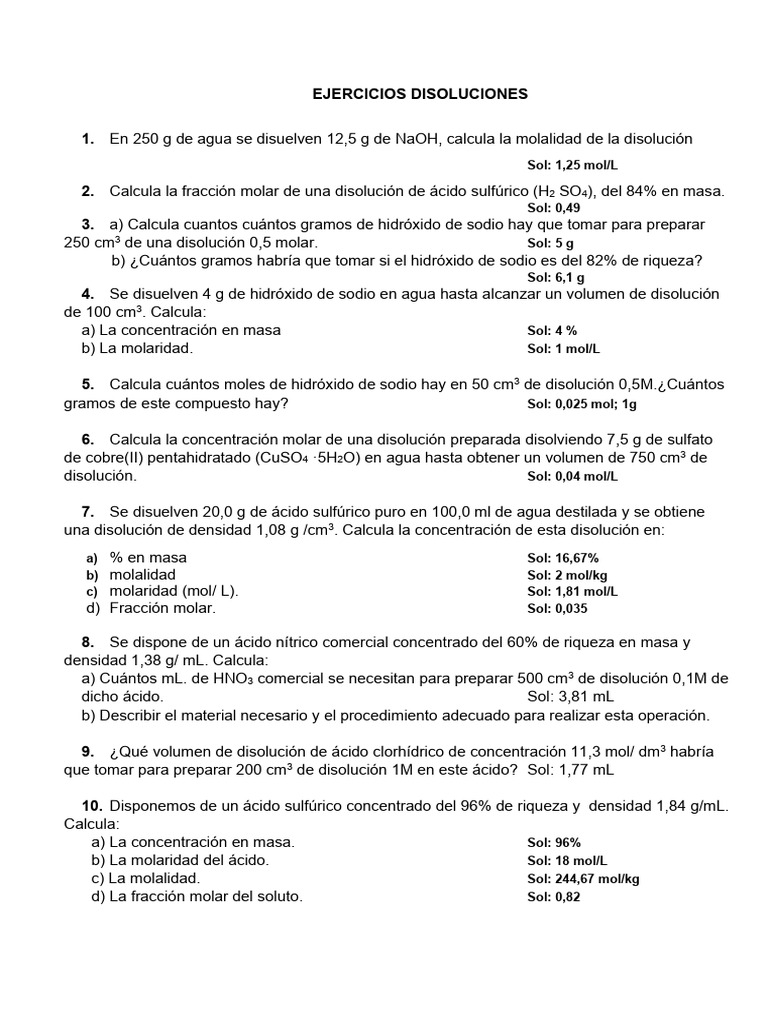 Ejercicios Disoluciones (1) Q | PDF | Concentración | Agua