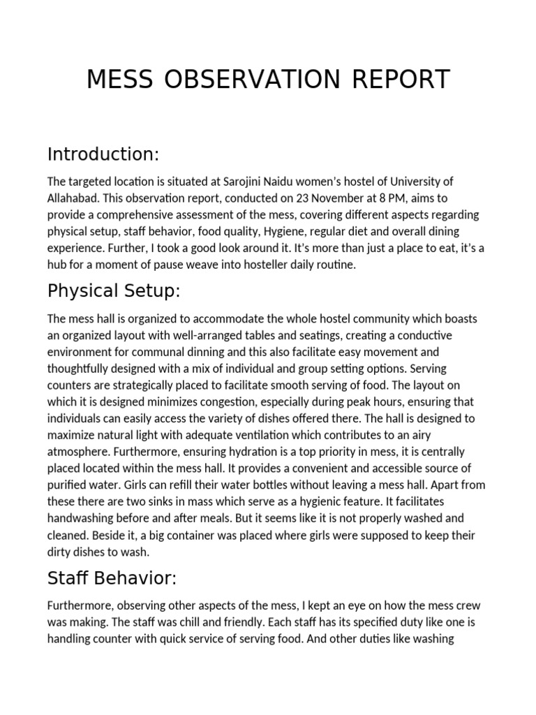 MESS OBSERVATION REPORT 2 | PDF | Hygiene | Restaurants