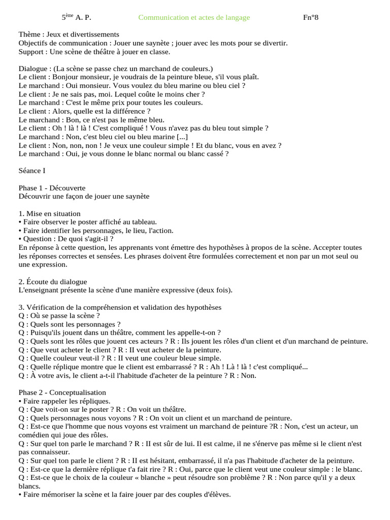 Saynète comique à jouer en classe CP | PDF | Théâtre | Cinématographie