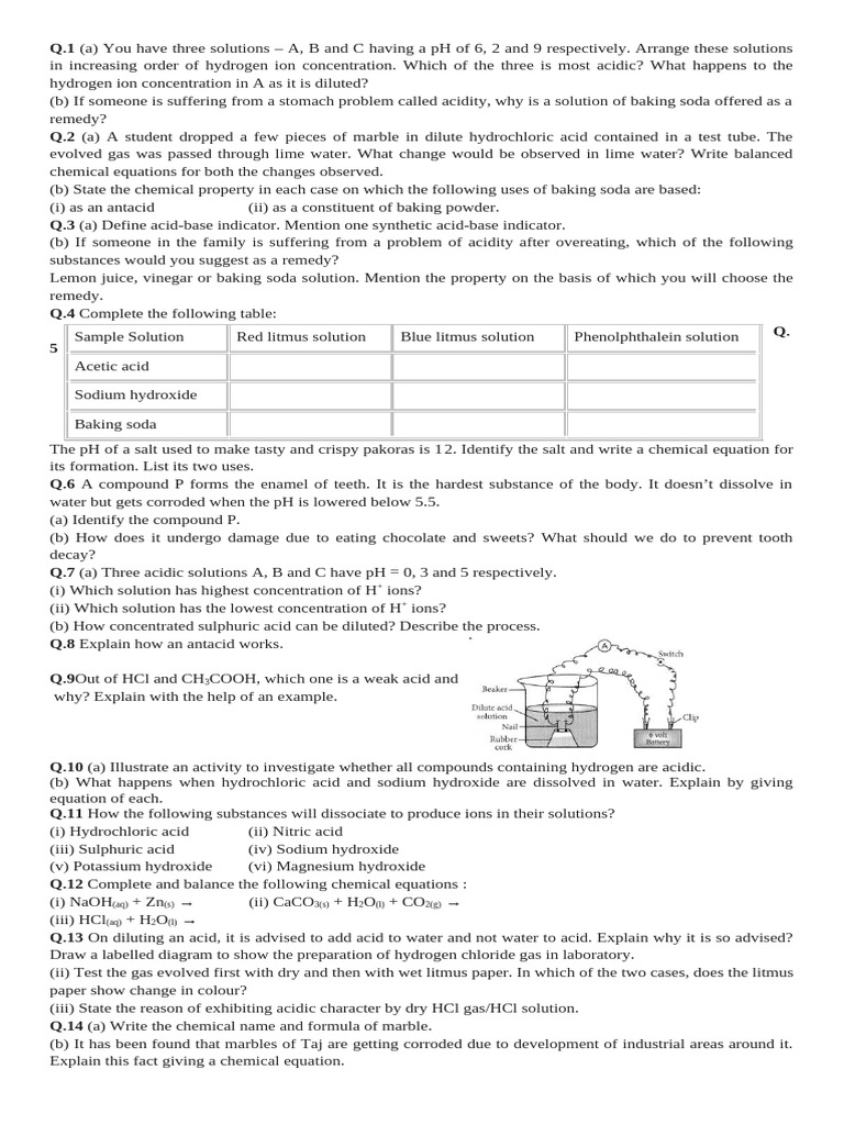 Extra Questions Class 10 Chap 2 (Sheet 1) | PDF | Acid | Ph