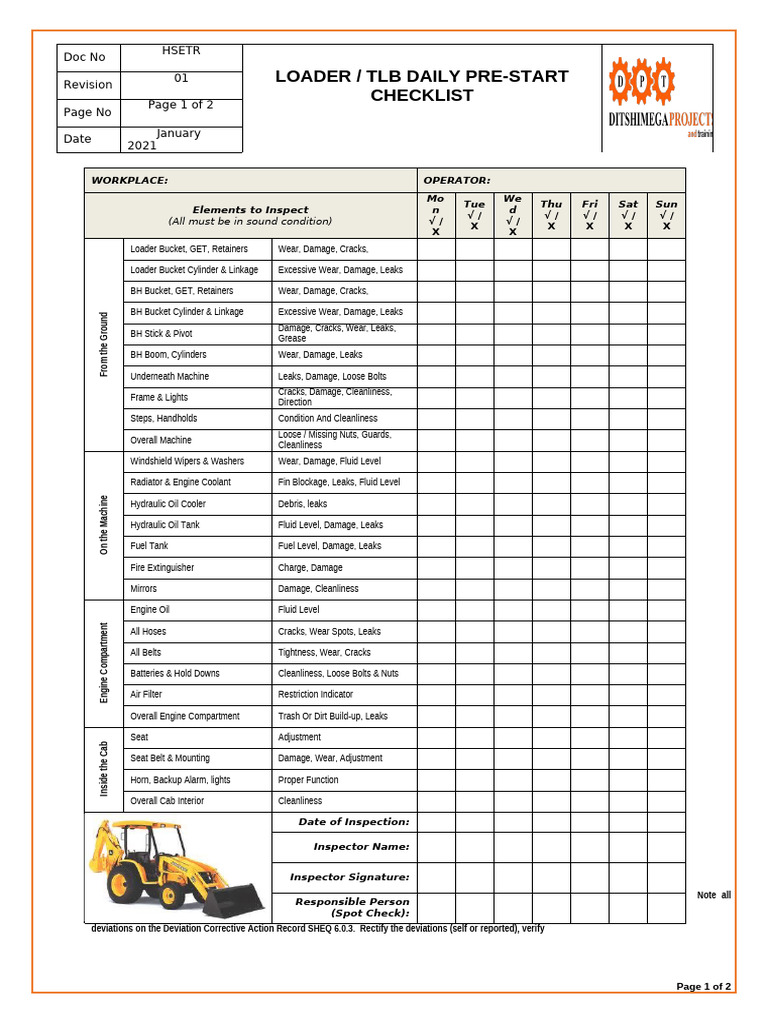 TLB Daily Checklist | PDF | Loader (Equipment)