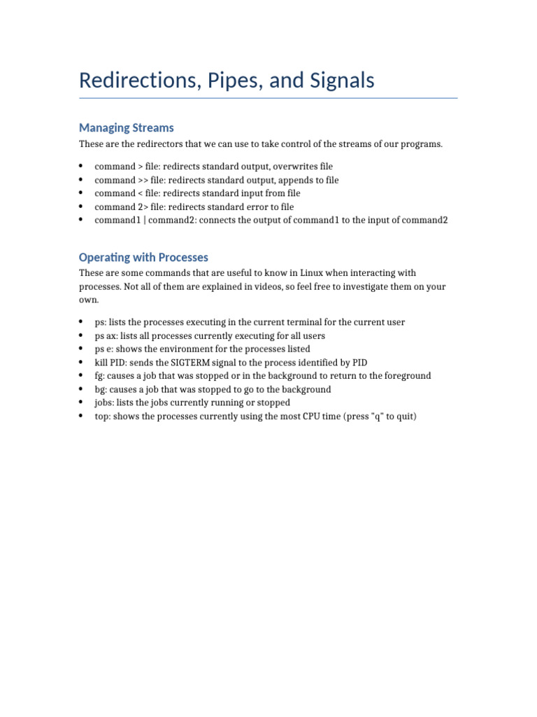 Redirections Pipes and Signals Study Guide | PDF