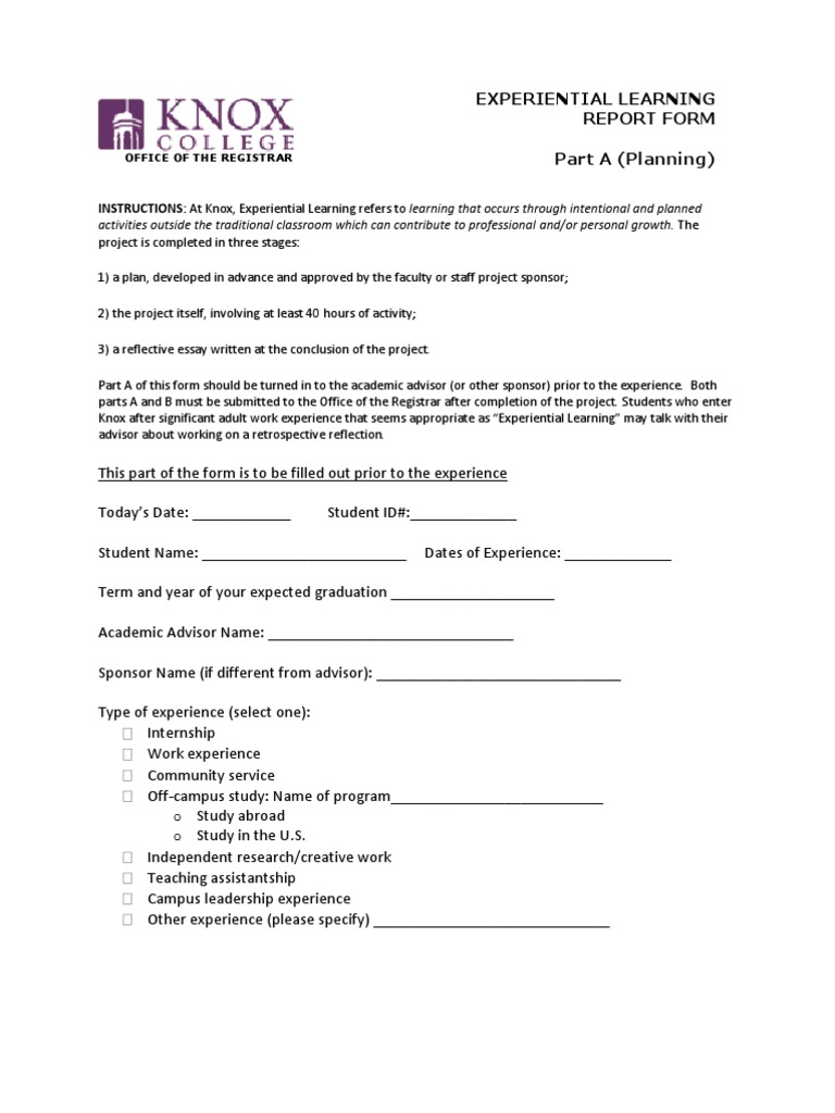 Experiential Learning Report Form Part A (Planning) | PDF ...