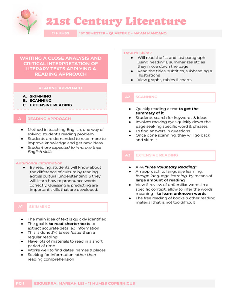 Q2 21st Century (Reading Approach) Printable_Notes | PDF | Speed ...