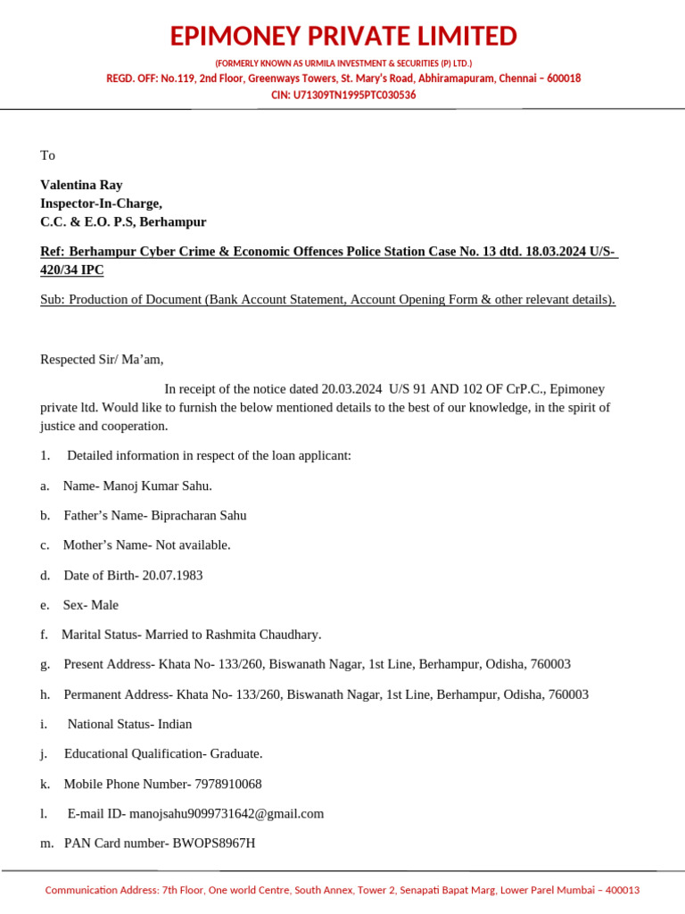 Berhampur Reply - Epimoney PVT LTD Final | PDF | Loans | Personal Finance