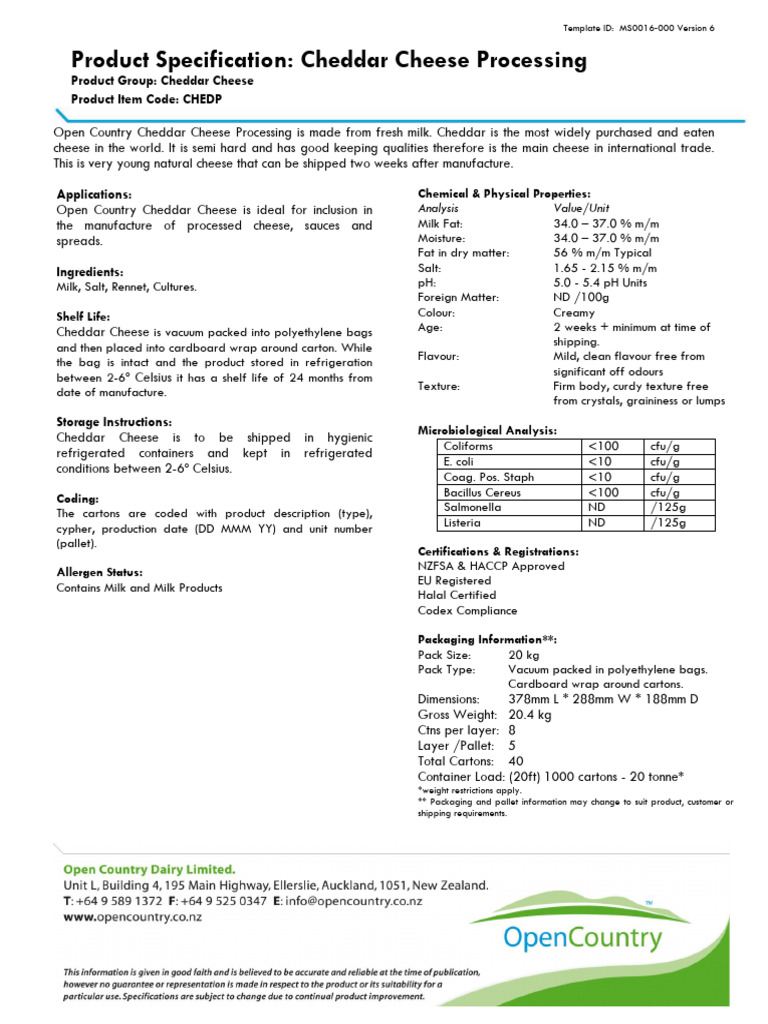 Olanlimitedspec Cheddar Process Chedp 0019v6 | PDF | Cheese | Cheddar ...